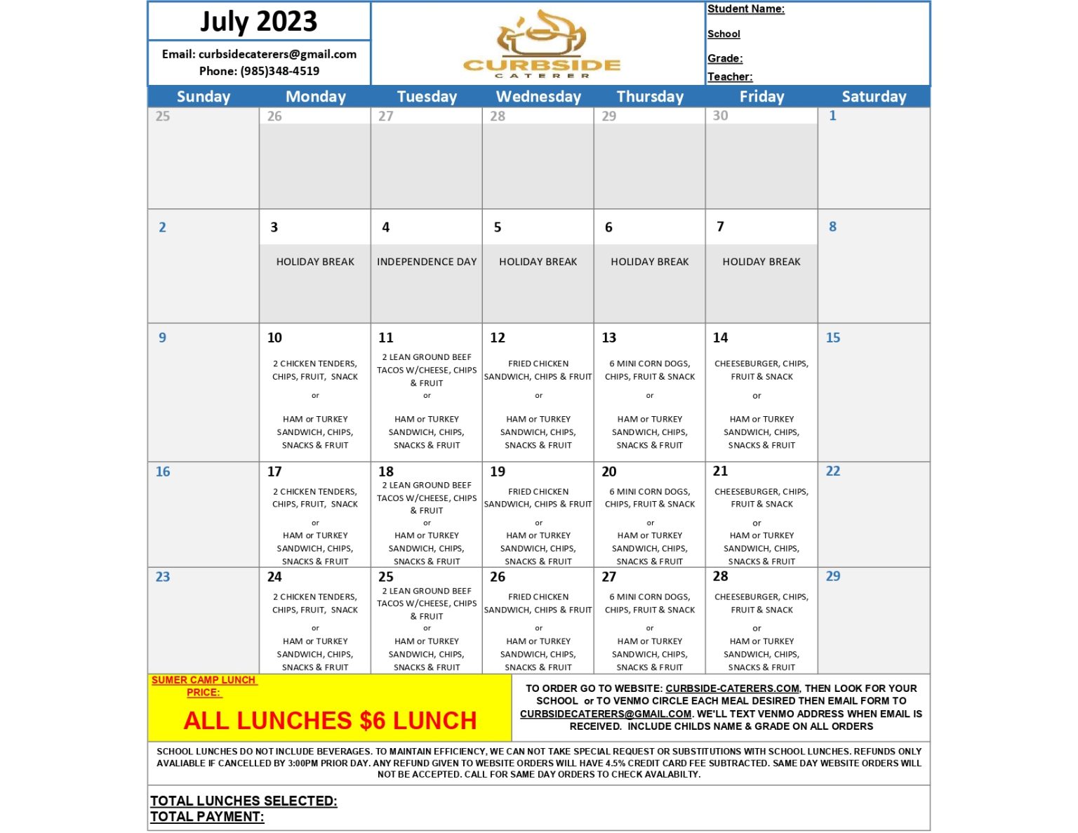 School lunch – Curbside Caterers